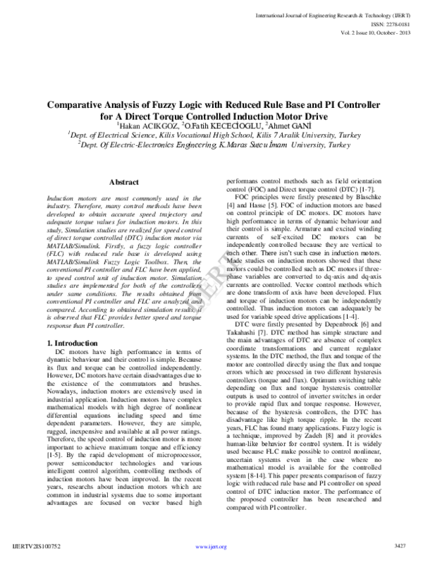 Pdf Ijert Comparative Analysis Of Fuzzy Logic With Reduced Rule Base And Pi Controller For A 