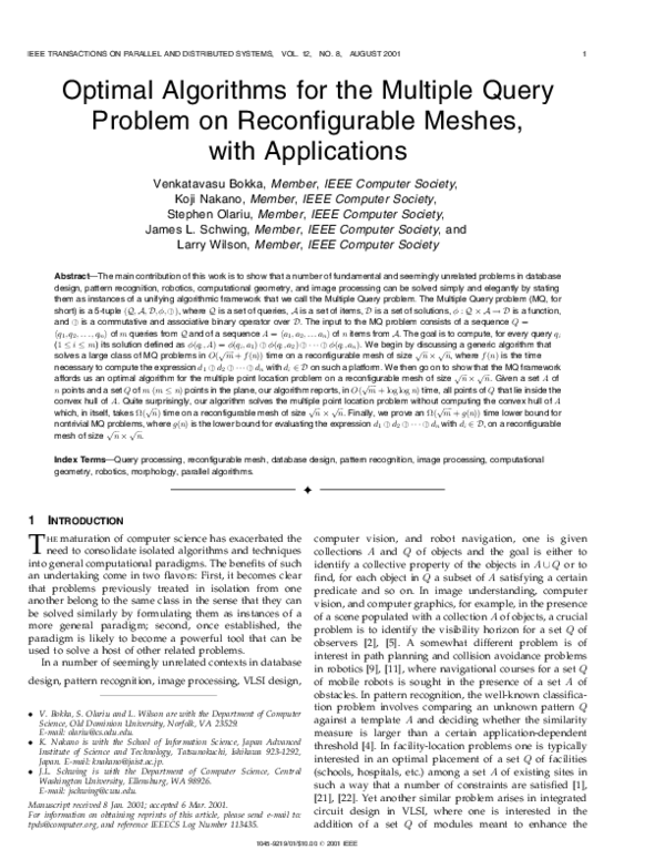 Pdf Optimal Algorithms For The Multiple Query Problem On Reconfigurable Meshes With Applications