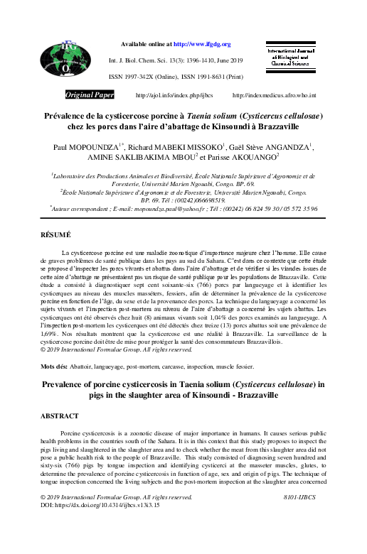 (PDF) Prévalence de la cysticercose porcine à Taenia solium ...