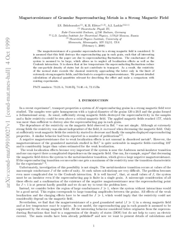 (PDF) Magnetoresistance of granular superconducting metals in a strong ...