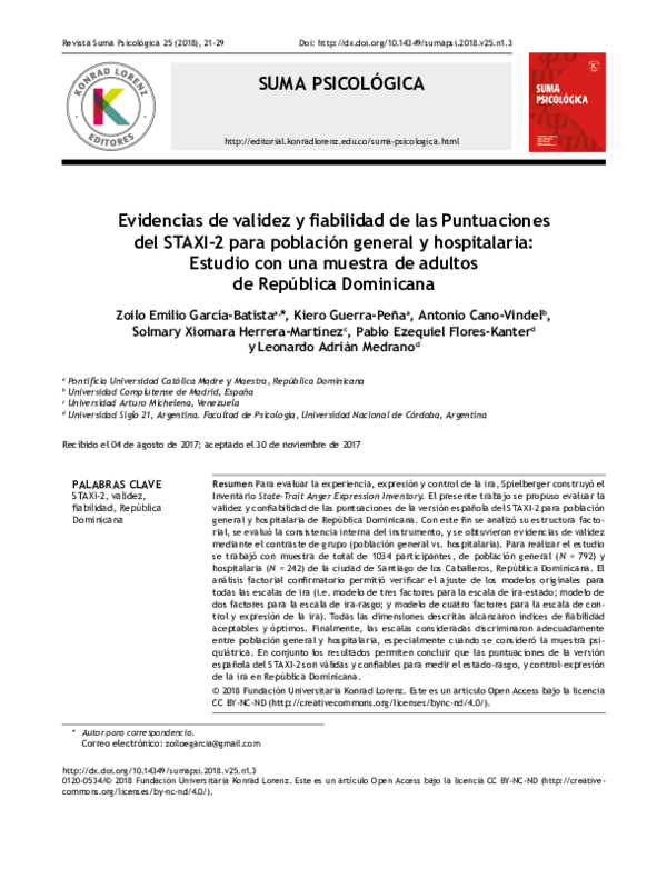 (PDF) Evidencias de validez y fiabilidad de las Puntuaciones del STAXI ...
