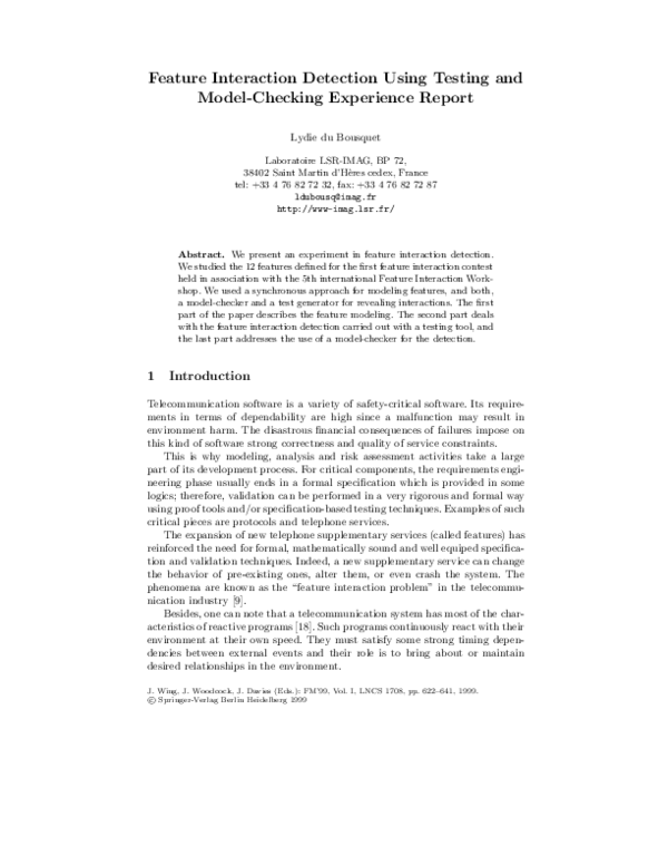 Pdf Feature Interaction Detection Using Testing And Model Checking Experience Report Lydie