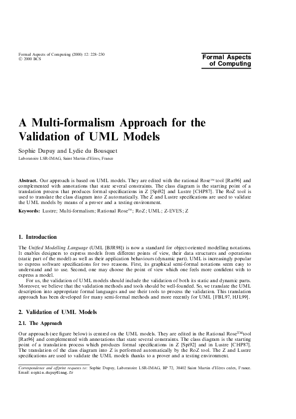 Pdf A Multi Formalism Approach For The Validation Of Uml Models