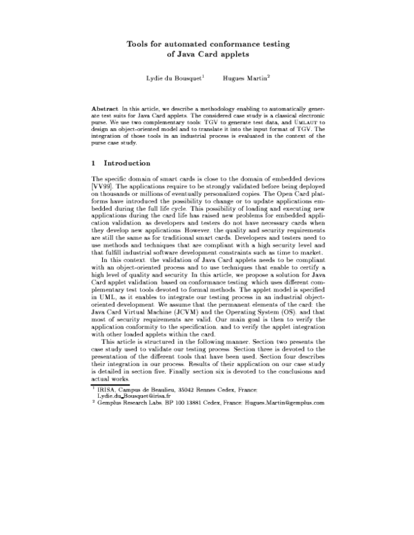 (PDF) Tools for automated conformance testing of Java Card applets