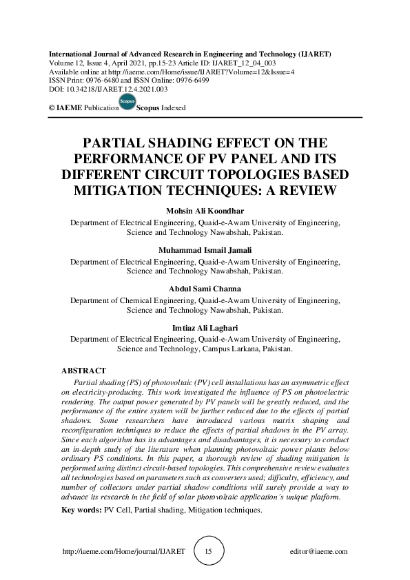 Pdf Partial Shading Effect On The Performance Of Pv Panel And Its Different Circuit Topologies