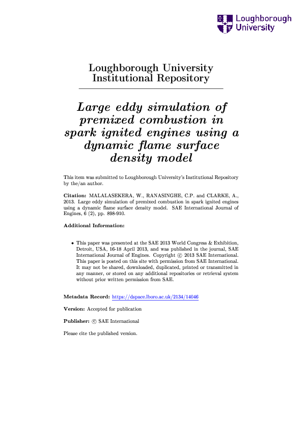 Pdf Large Eddy Simulation Of Premixed Combustion In Spark Ignited Engines Using A Dynamic