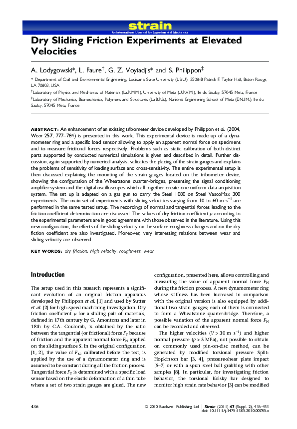 (PDF) Dry Sliding Friction Experiments at Elevated Velocities