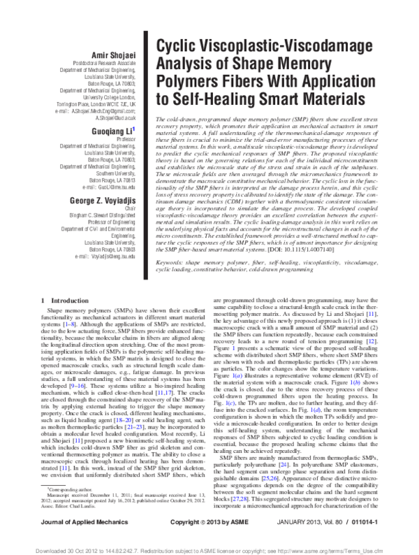 (PDF) Cyclic Viscoplastic-Viscodamage Analysis of Shape Memory Polymers ...