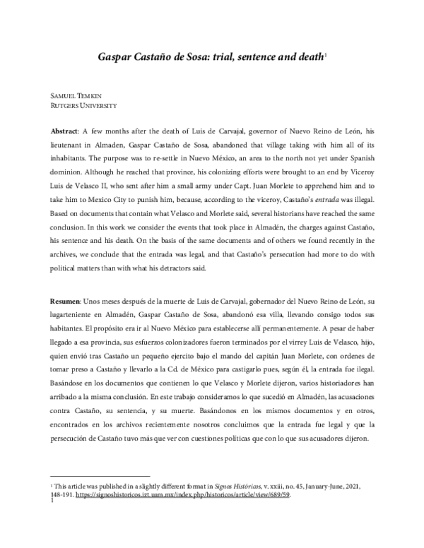 (PDF) Gaspar Castaño de Sosa: trial, sentence and death