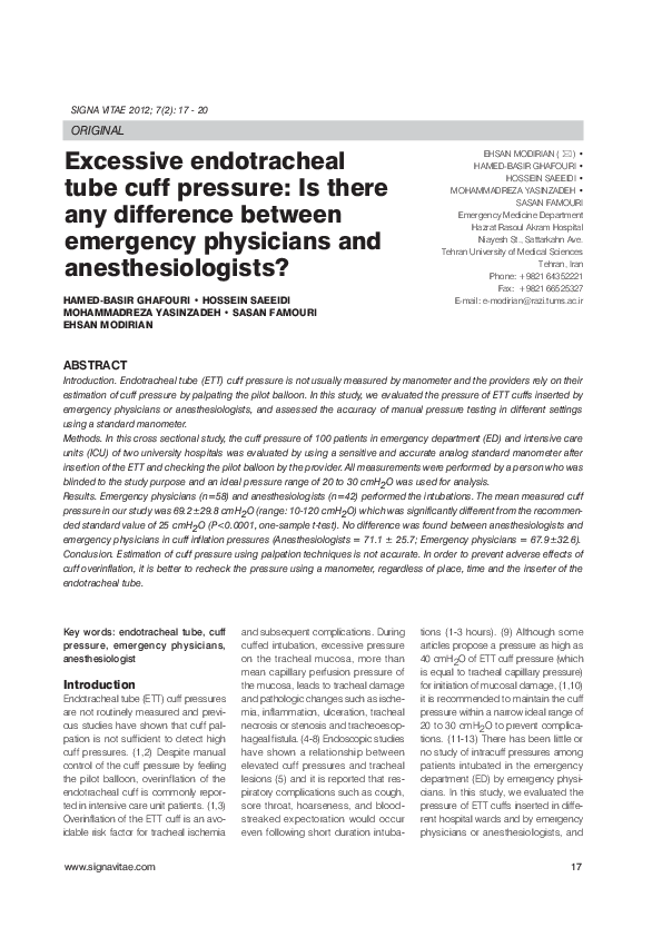 (PDF) Excessive endotracheal tube cuff pressure: Is there any ...
