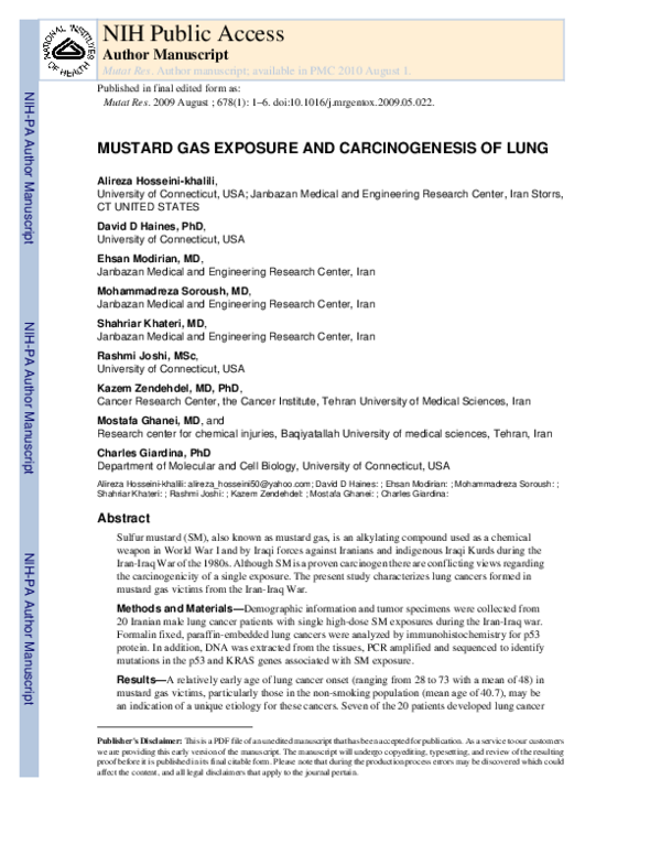 (PDF) Mustard gas exposure and carcinogenesis of lung