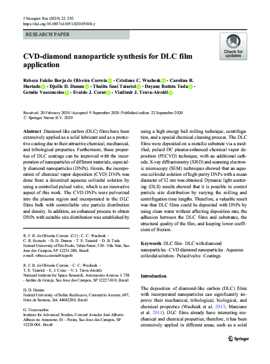 (PDF) CVD-diamond nanoparticle synthesis for DLC film application