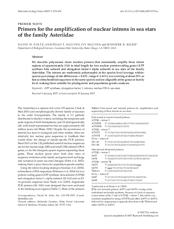 (PDF) Primers for the amplification of nuclear introns in sea stars of the family Asteriidae