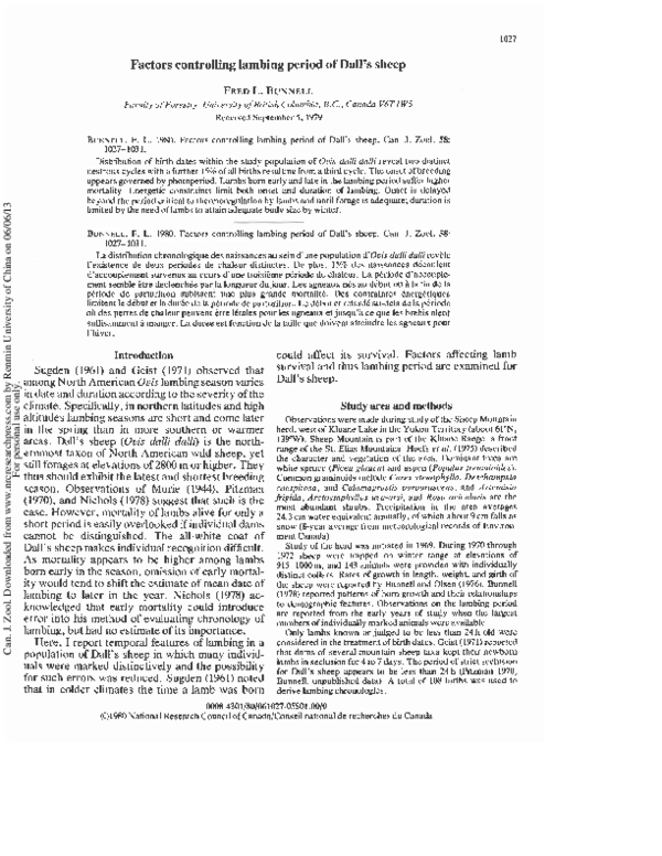 (PDF) Factors controlling lambing period of Dall's sheep