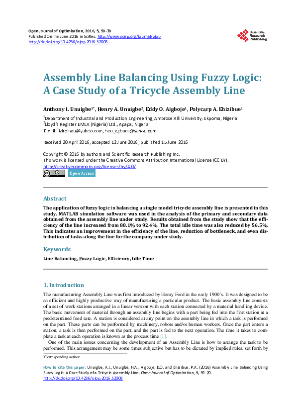 (PDF) Assembly Line Balancing Using Fuzzy Logic: A Case Study of a Tricycle Assembly Line