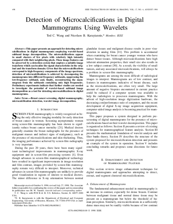 Pdf Detection Of Microcalcifications In Digital Mammograms Using Wavelets