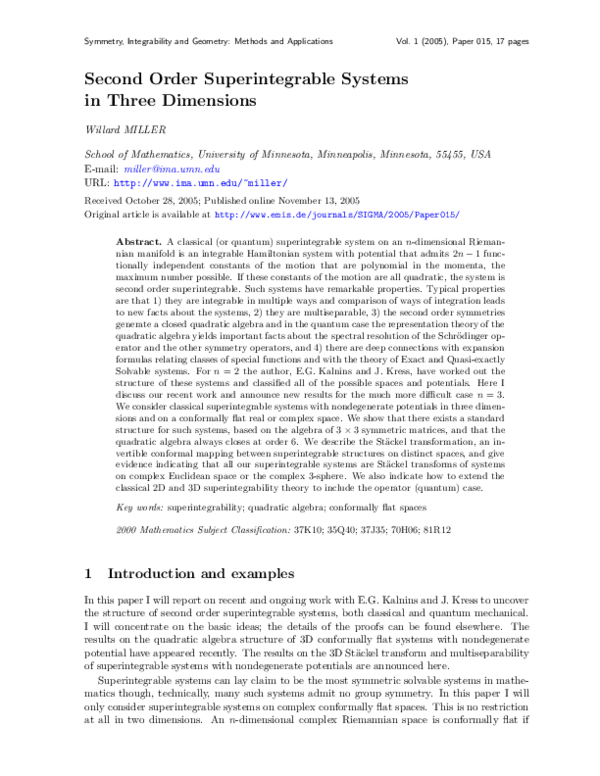 (PDF) Second Order Superintegrable Systems in Three Dimensions