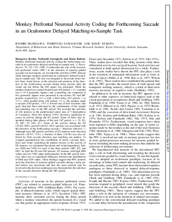 (PDF) Monkey prefrontal neuronal activity coding the forthcoming saccade in an oculomotor ...