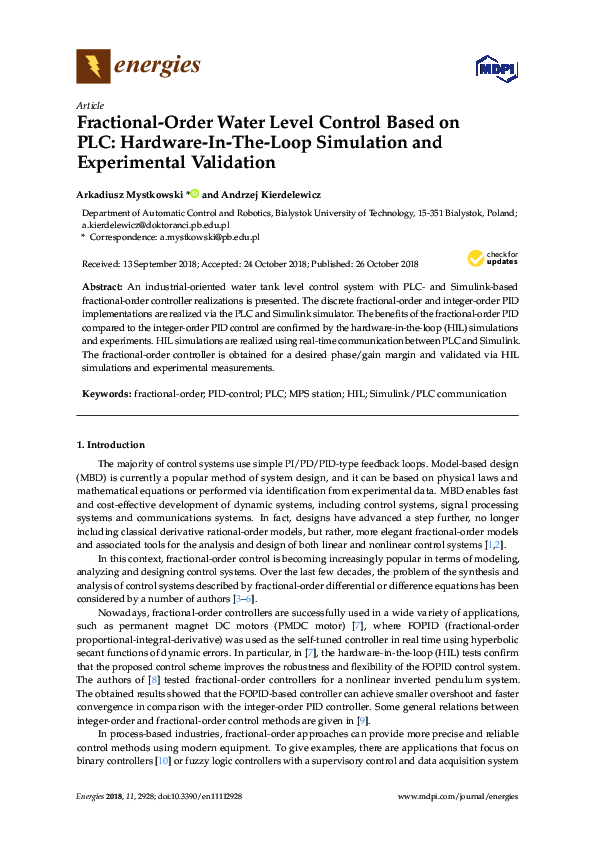 (PDF) Fractional-Order Water Level Control Based on PLC: Hardware-In-The-Loop Simulation and ...