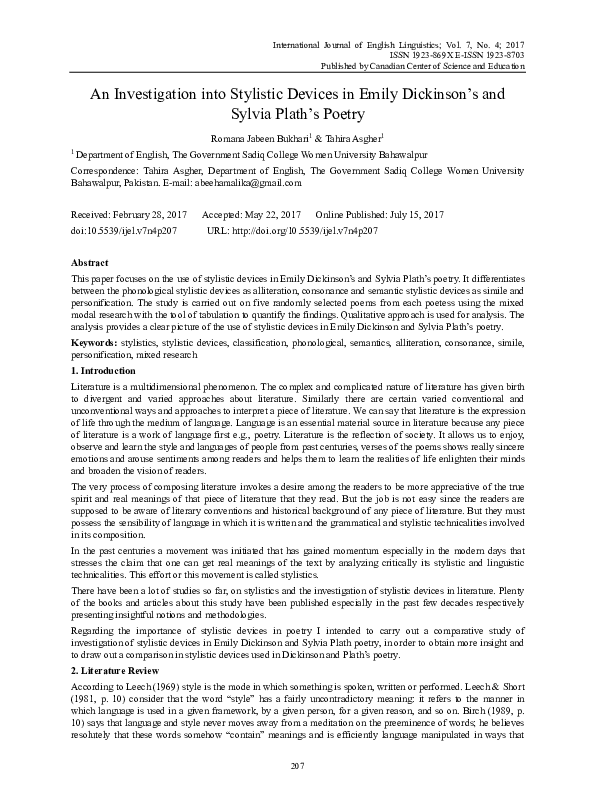 (PDF) An Investigation into Stylistic Devices in Emily Dickinson’s and Sylvia Plath’s Poetry