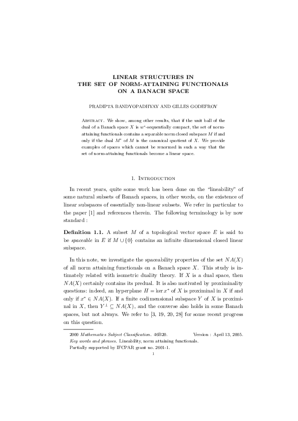 Pdf Linear Structures In The Set Of Norm Attaining Functionals On A Banach Space