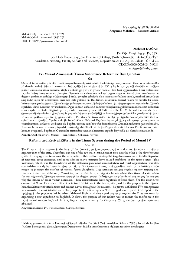 (PDF) IV. Murad Zamanında Timar Sisteminde Reform ve İhya Çabaları ...