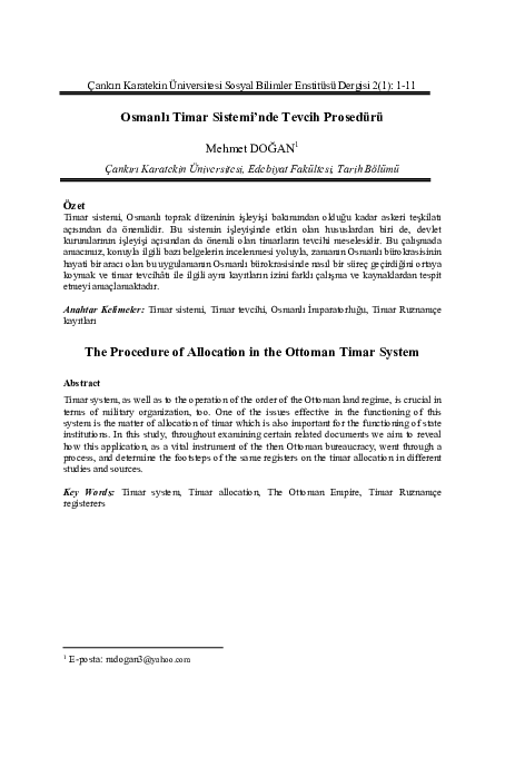 (PDF) Osmanlı Timar Sistemi’nde Tevcih Prosedürü/The Procedure of ...