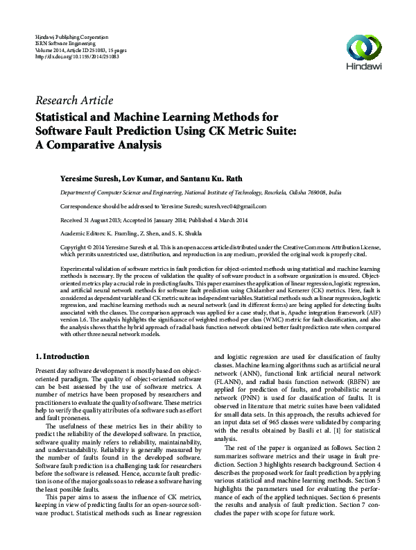 Pdf Statistical And Machine Learning Methods For Software Fault Prediction Using Ck Metric