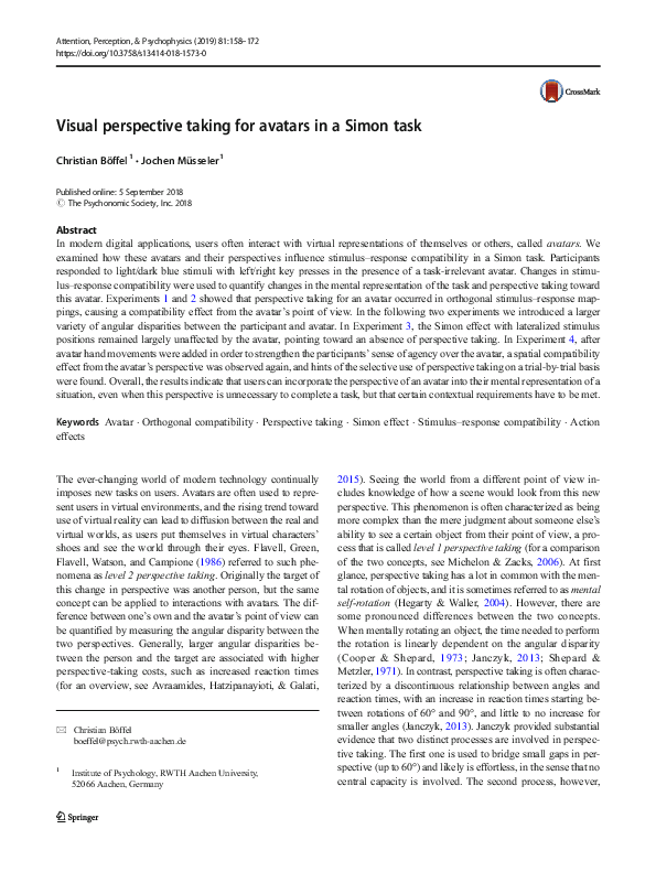 (PDF) Visual perspective taking for avatars in a Simon task
