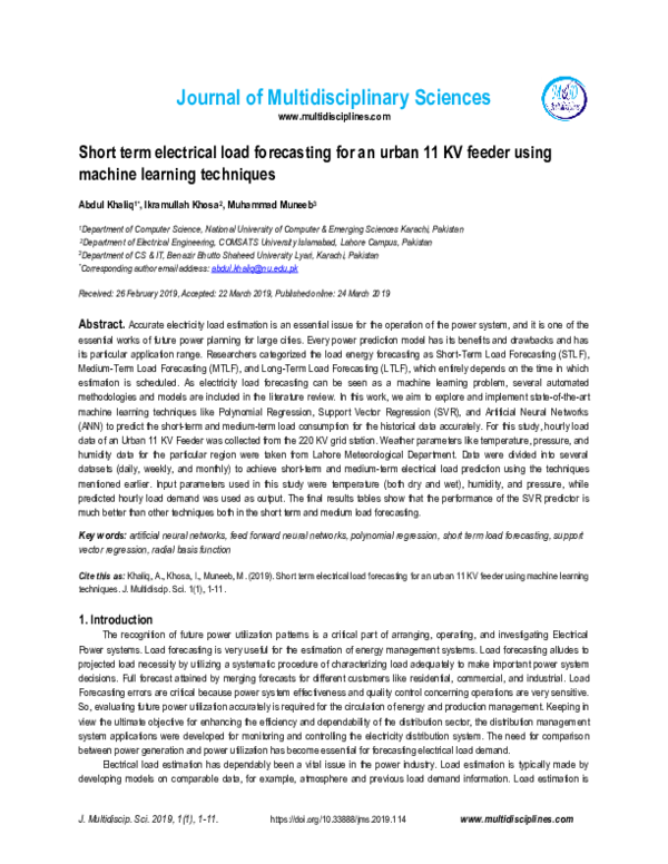 Pdf Short Term Electrical Load Forecasting For An Urban 11 Kv Feeder Using Machine Learning