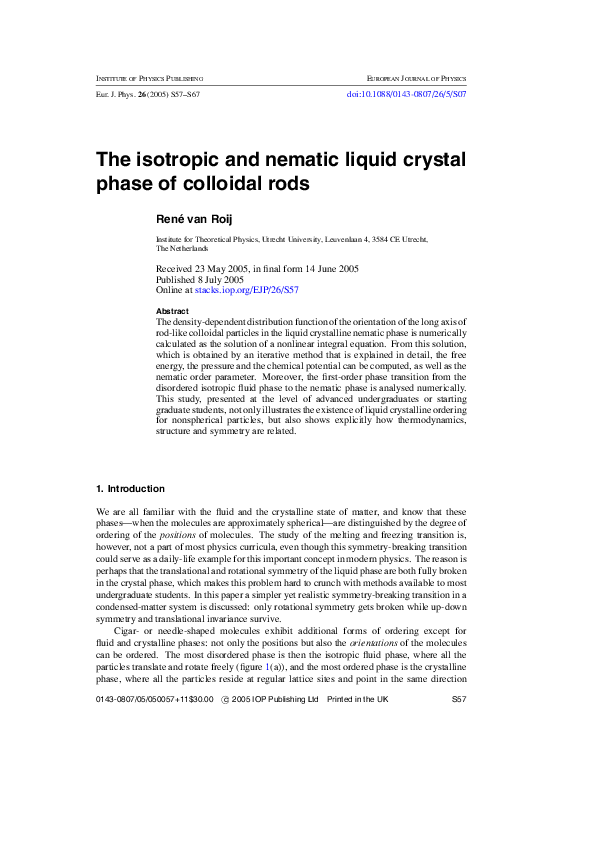 (PDF) The isotropic and nematic liquid crystal phase of colloidal rods