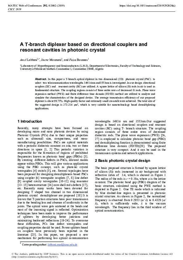 (PDF) A T-branch diplexer based on directional couplers and resonant cavities in photonic crystal