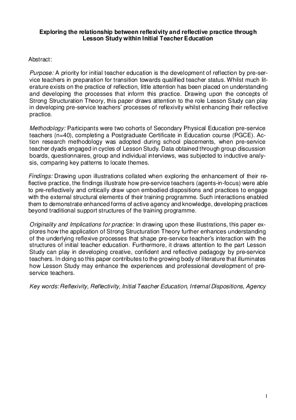 (PDF) Exploring the relationship between reflexivity and reflective practice through lesson ...