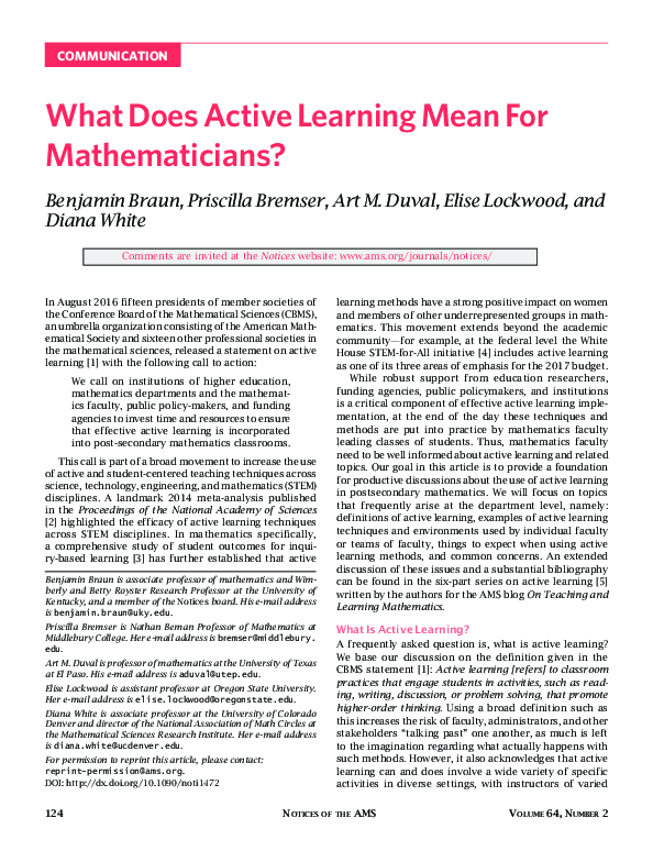 (PDF) What Does Active Learning Mean For Mathematicians?