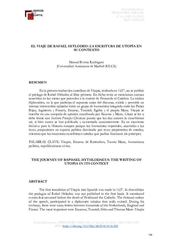(PDF) EL VIAJE DE RAFAEL HITLODEO: LA ESCRITURA DE UTOPÍA EN SU ...