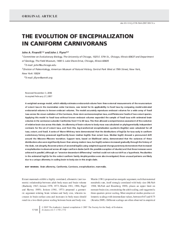 (PDF) The Evolution of Encephalization in Caniform Carnivorans