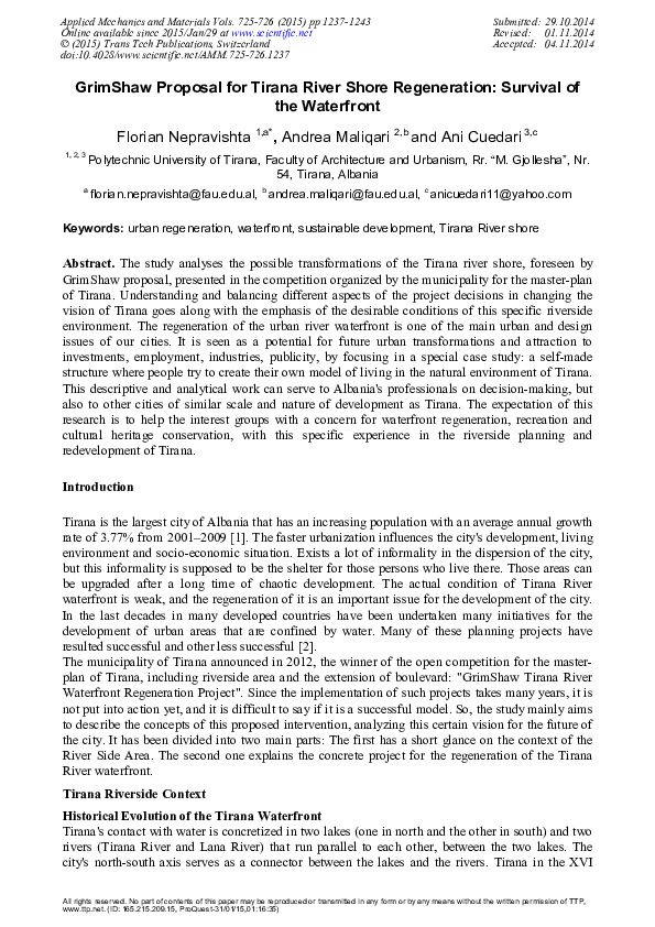 (PDF) GrimShaw Proposal for Tirana River Shore Regeneration: Survival ...