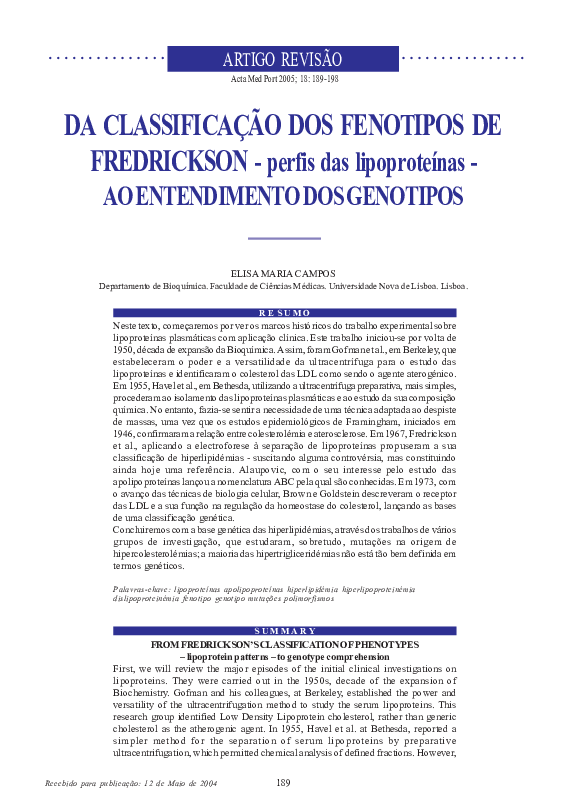 (PDF) [From Fredrickson's classification of phenotypes--lipoprotein patterns--to genotype ...