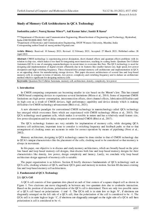 (PDF) Study of Memory Cell Architectures in QCA Technology