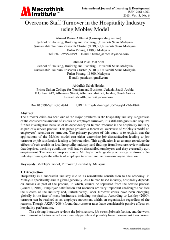 (PDF) Overcome Staff Turnover in the Hospitality Industry using Mobley ...