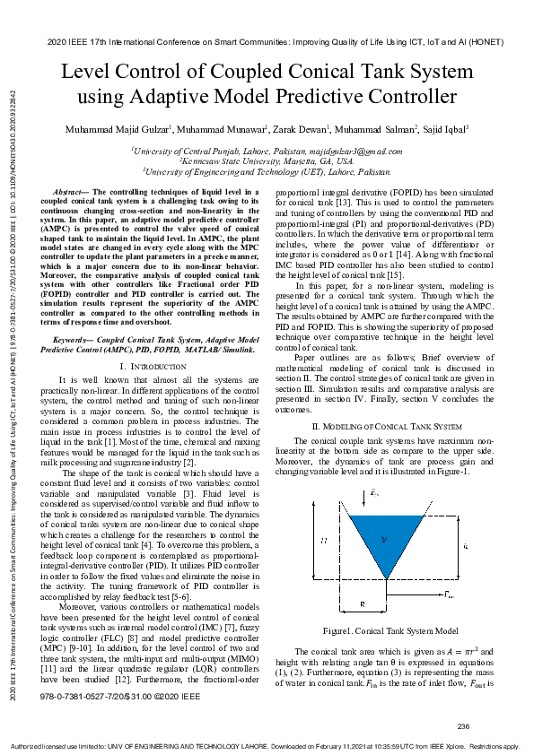 Pdf Level Control Of Coupled Conical Tank System Using Adaptive Model Predictive Controller