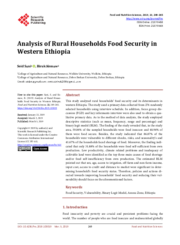 (PDF) Analysis of Rural Households Food Security in Western Ethiopia