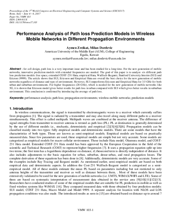 Pdf Performance Analysis Of Path Loss Prediction Models In Wireless
