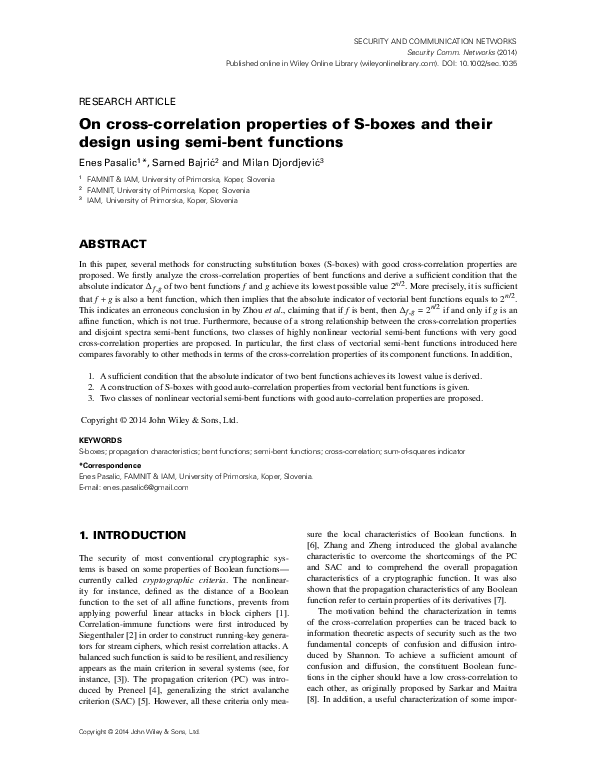Pdf On Cross Correlation Properties Of S Boxes And Their Design Using Semi Bent Functions