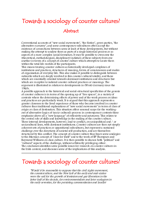 (PDF) Towards a sociology of counter cultures?