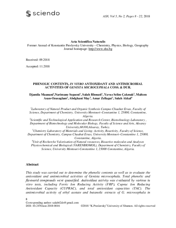 (PDF) Phenolic Contents, in vitro Antioxidant and Antimicrobial ...