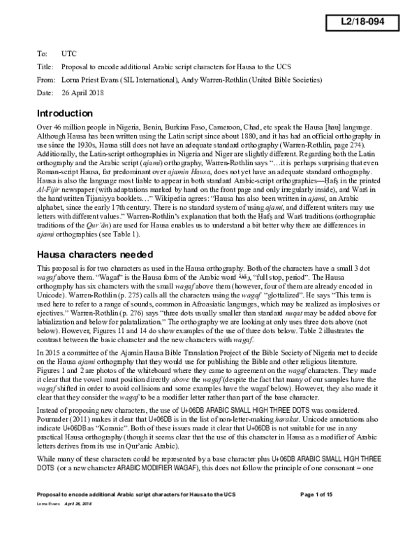(PDF) Proposal to encode additional Arabic script characters for Hausa ...
