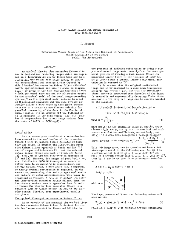 Pdf A Fast Kalman Filter For Images Degraded By Both Blur And Noise
