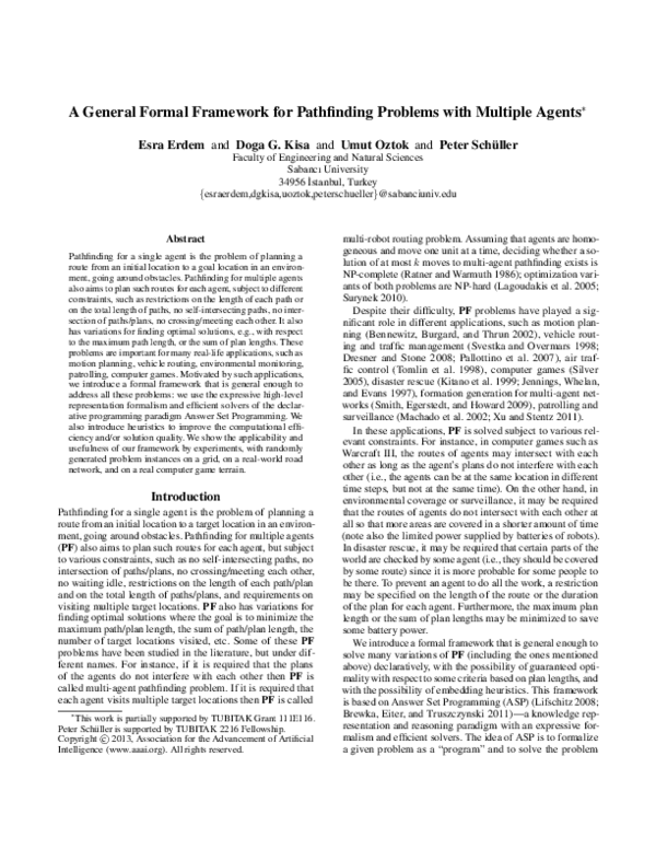 (PDF) A General Formal Framework for Pathfinding Problems with Multiple Agents | Peter Schüller ...