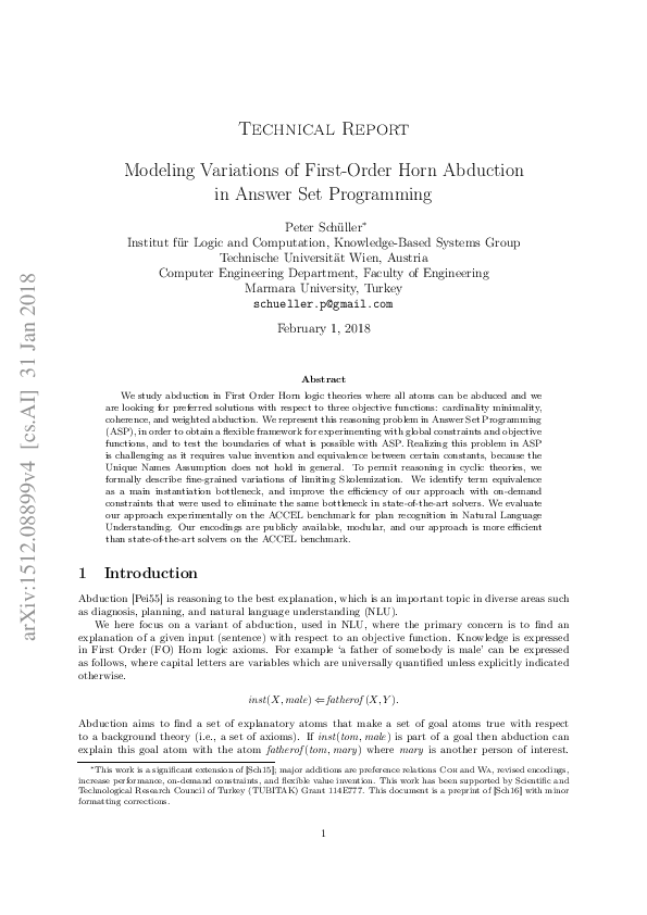 (PDF) Modeling Variations of First-Order Horn Abduction in Answer Set Programming